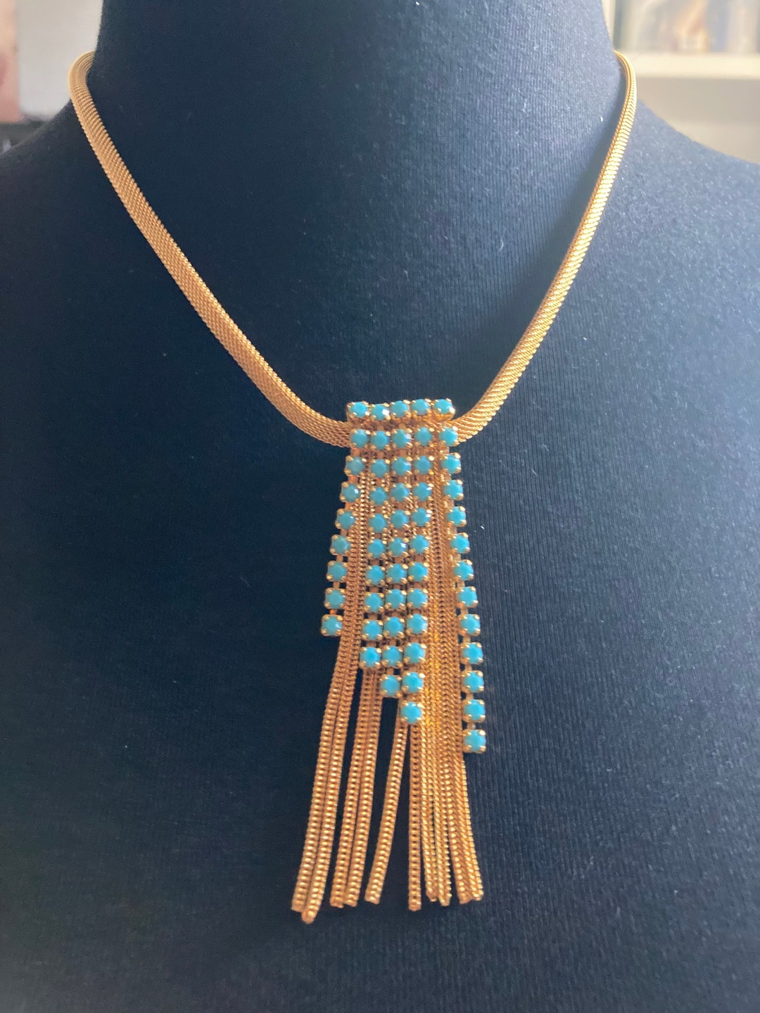 Vintage Gold Tone Mesh Lariat Drop Necklace With Turquoise Glass Paste ...