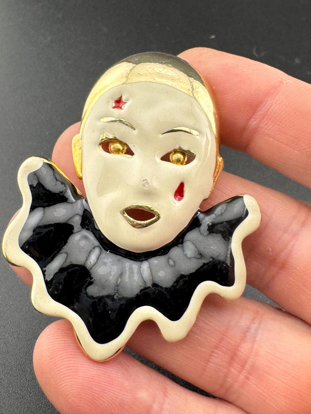 Enamelled Pierrot Brooch: French Clown Pin With Gold Interior - Etsy
