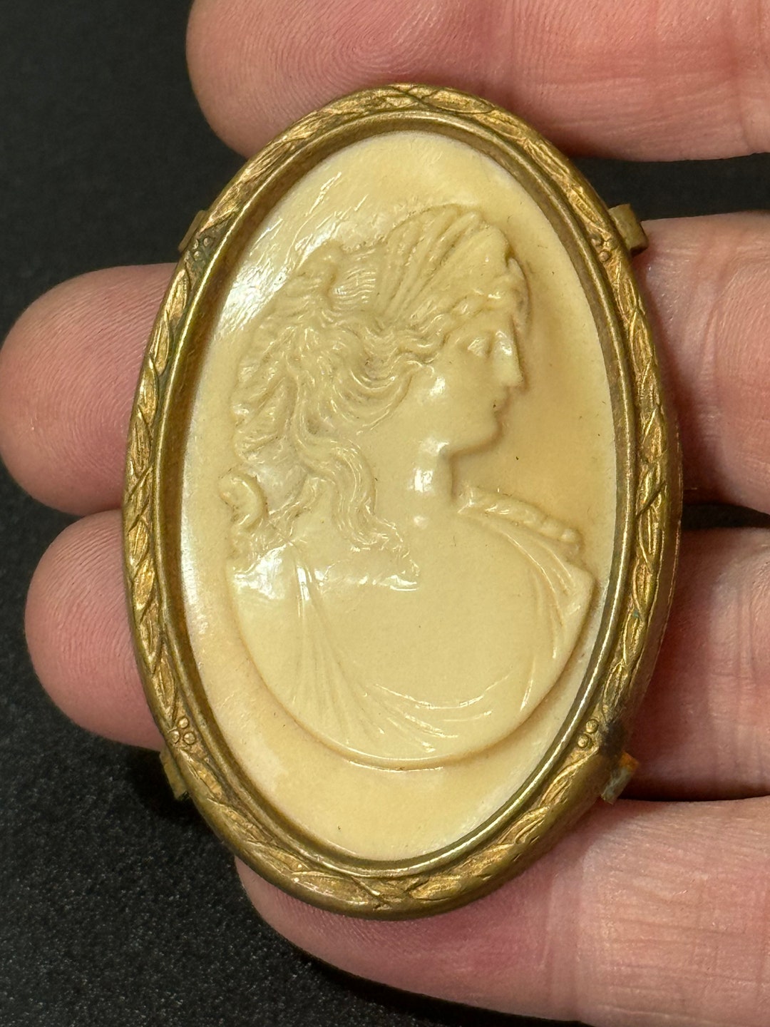 Vintage Cream Celluloid Early Plastic Gilt Metal Framed Lady Cameo ...