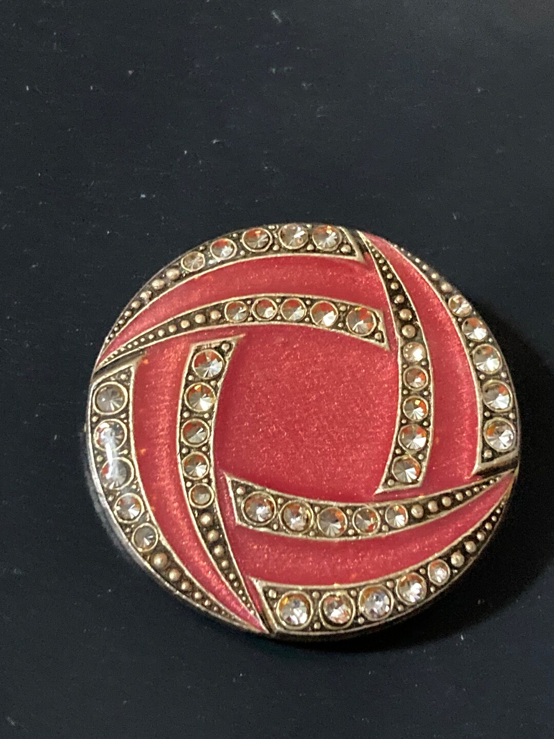 Pierre Bex Style Art Deco Pink Gold Enamel Diamanté Round Brooch 3cm ...