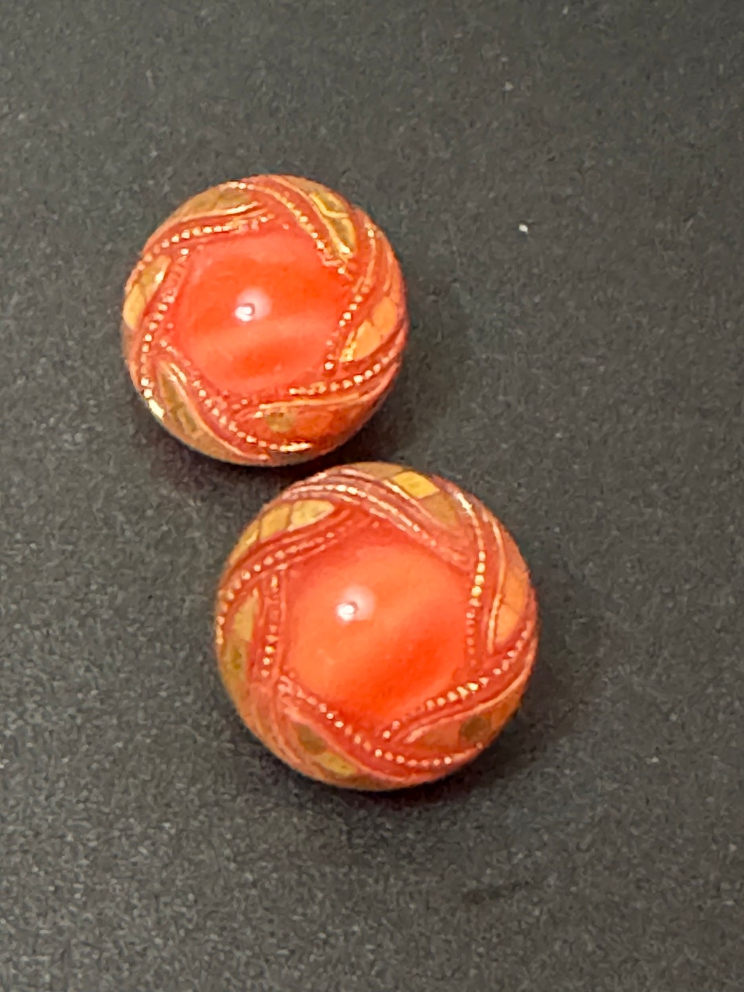 Antique to Vintage GLASS Orange Small Round Gilded Button Stud Clip on ...