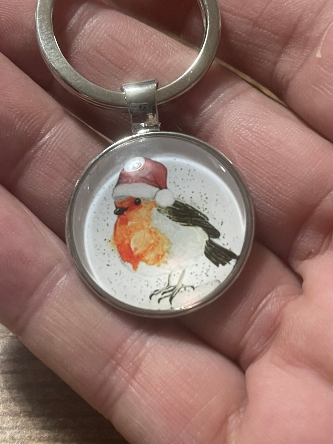 Handmade Festive Christmas Robin Garden Bird Silver Tone Keyring With ...
