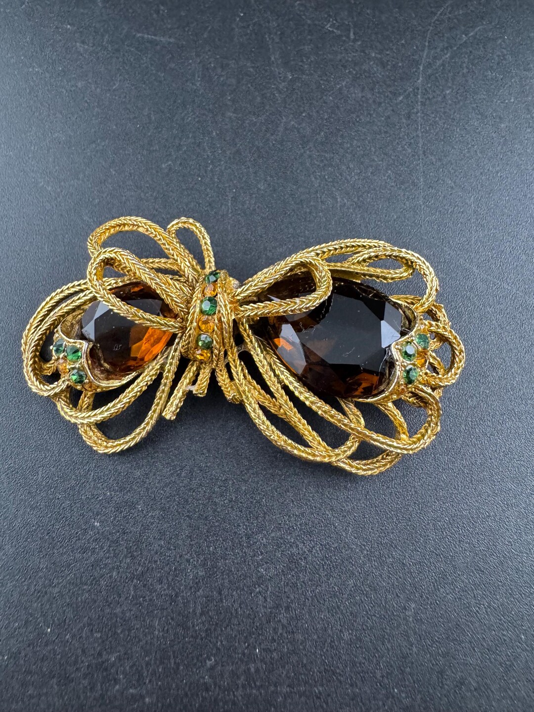 CAPRI Gold Mesh Brooch With Brown Cognac Glass, Vintage Green ...