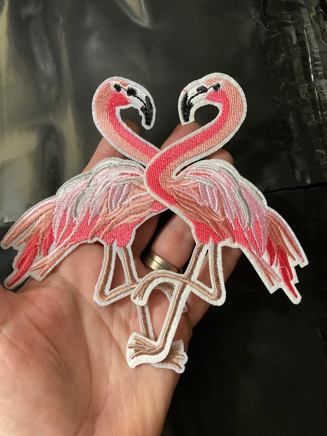 A Pair of Large 15cm X 10cm Embroidered Flamingo Iron on Patches Pink ...