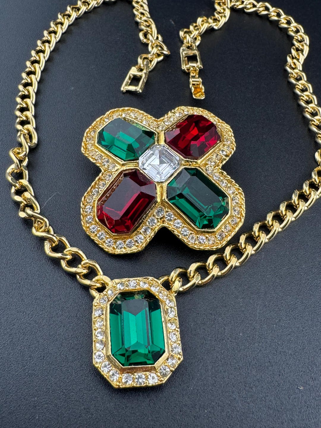 Vintage 1980s Swarovski Crystal Set Emerald Diamanté Octagonal Pendant ...