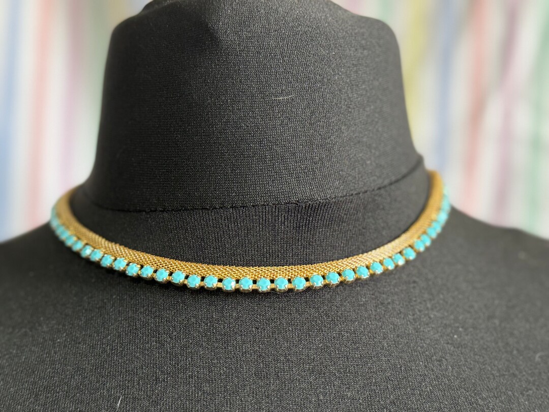 Vintage 1960s Gold Tone Mesh Chain Choker Necklace Turquoise Stones - Etsy