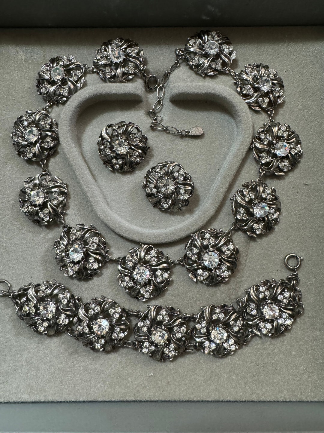True Vintage Dark Silver Tone Clear Diamanté Panel Link Necklace ...