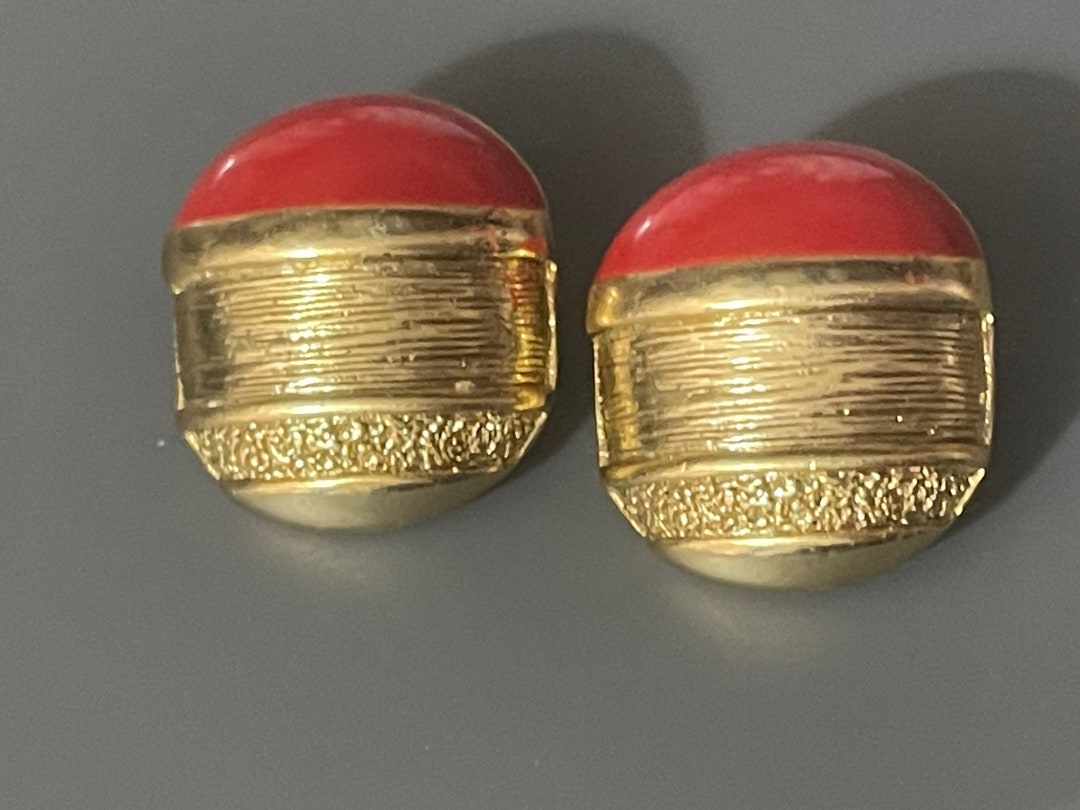 Signed Orena Paris Gold Tone Bright Red Enamel Textured Clip on ...