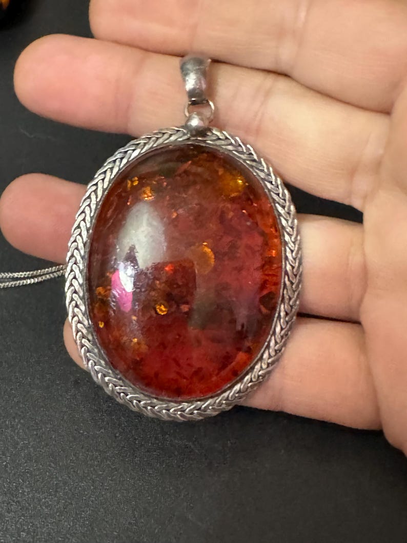 Amber Pendant Necklace: Large Oval Gemstone - Sterling 925 Silver Chain ...