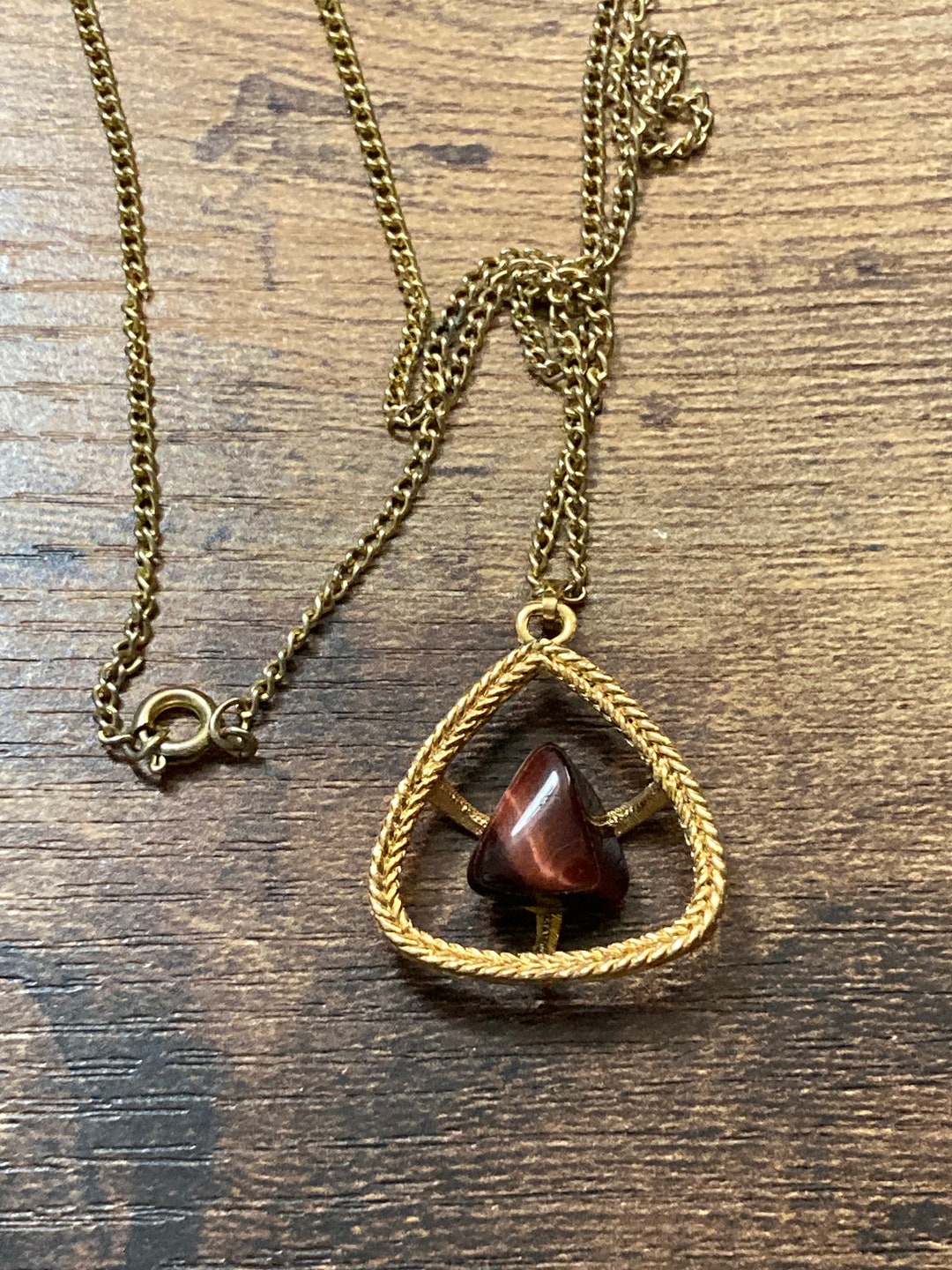 Gold Tone 1970s Brutalist Triangular Red Tigerseye Gemstone Pendant ...