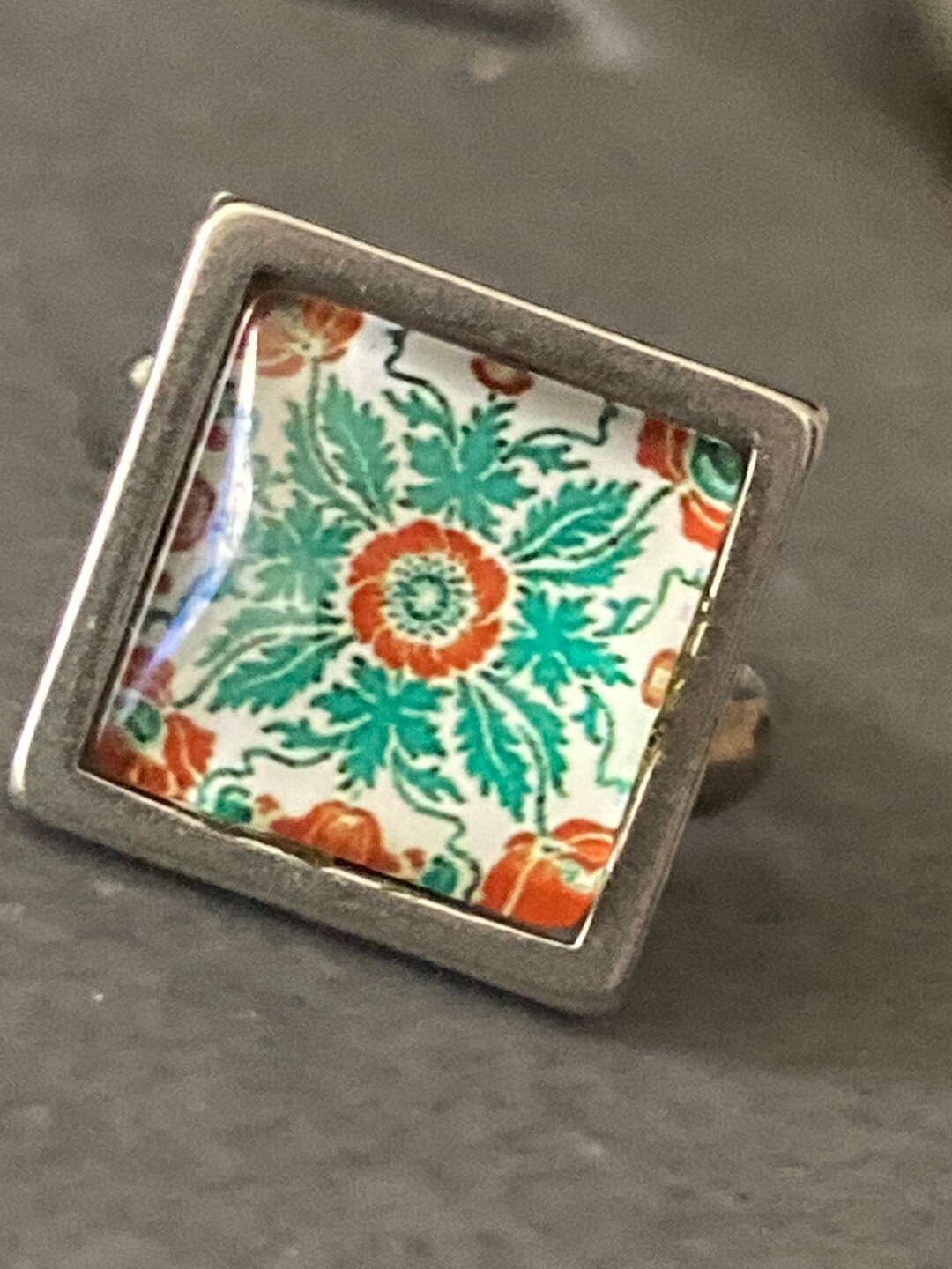 Square Glass Green Tile Silver Dress Ring, Adjustable Art Nouveau ...