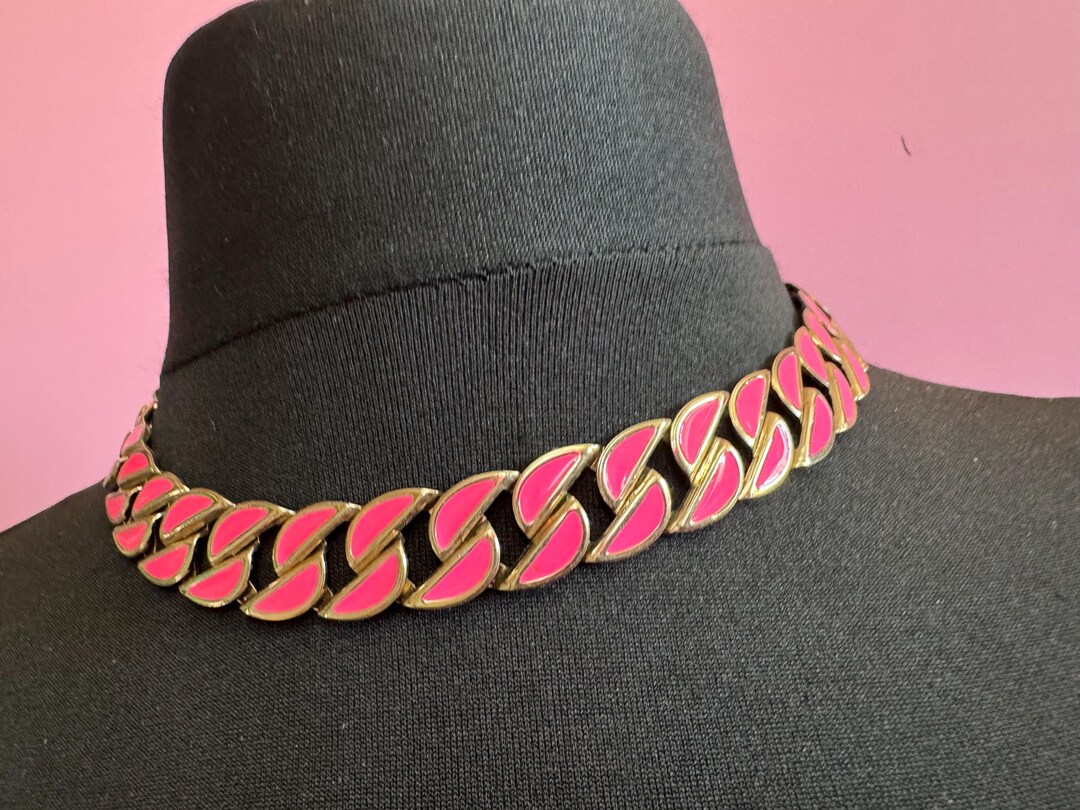 Hot Pink Enamel Panel Link Necklace,vintage Gold Tone Choker - Etsy UK