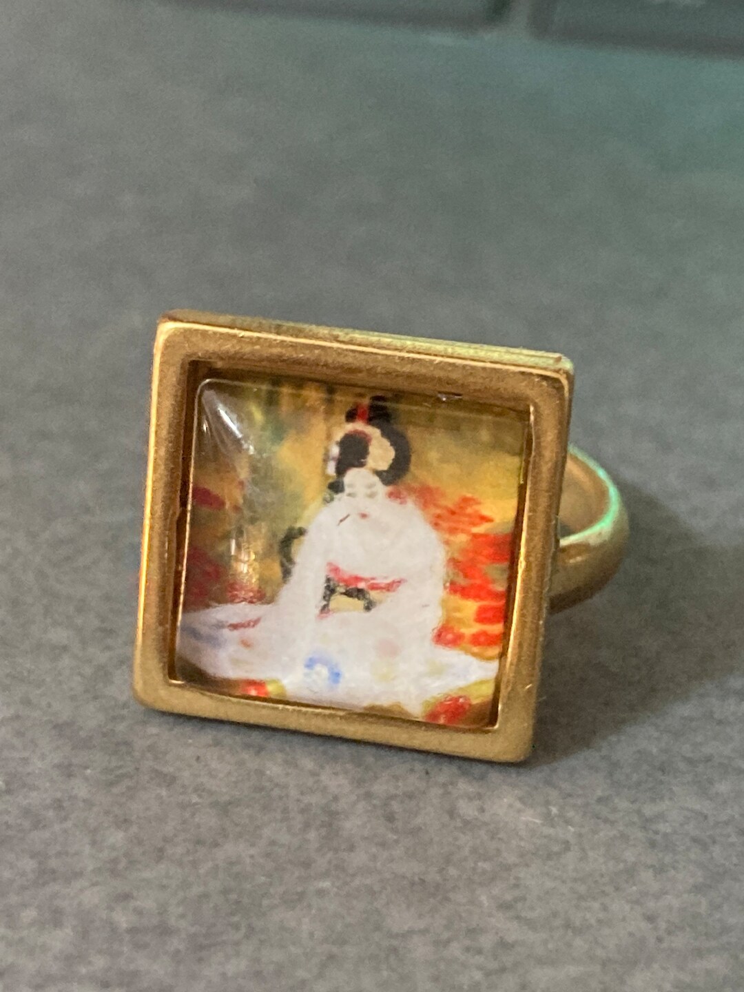 Gold Tone Japanese Geisha Girl Ring Square Glass Cabochon Adjustable ...