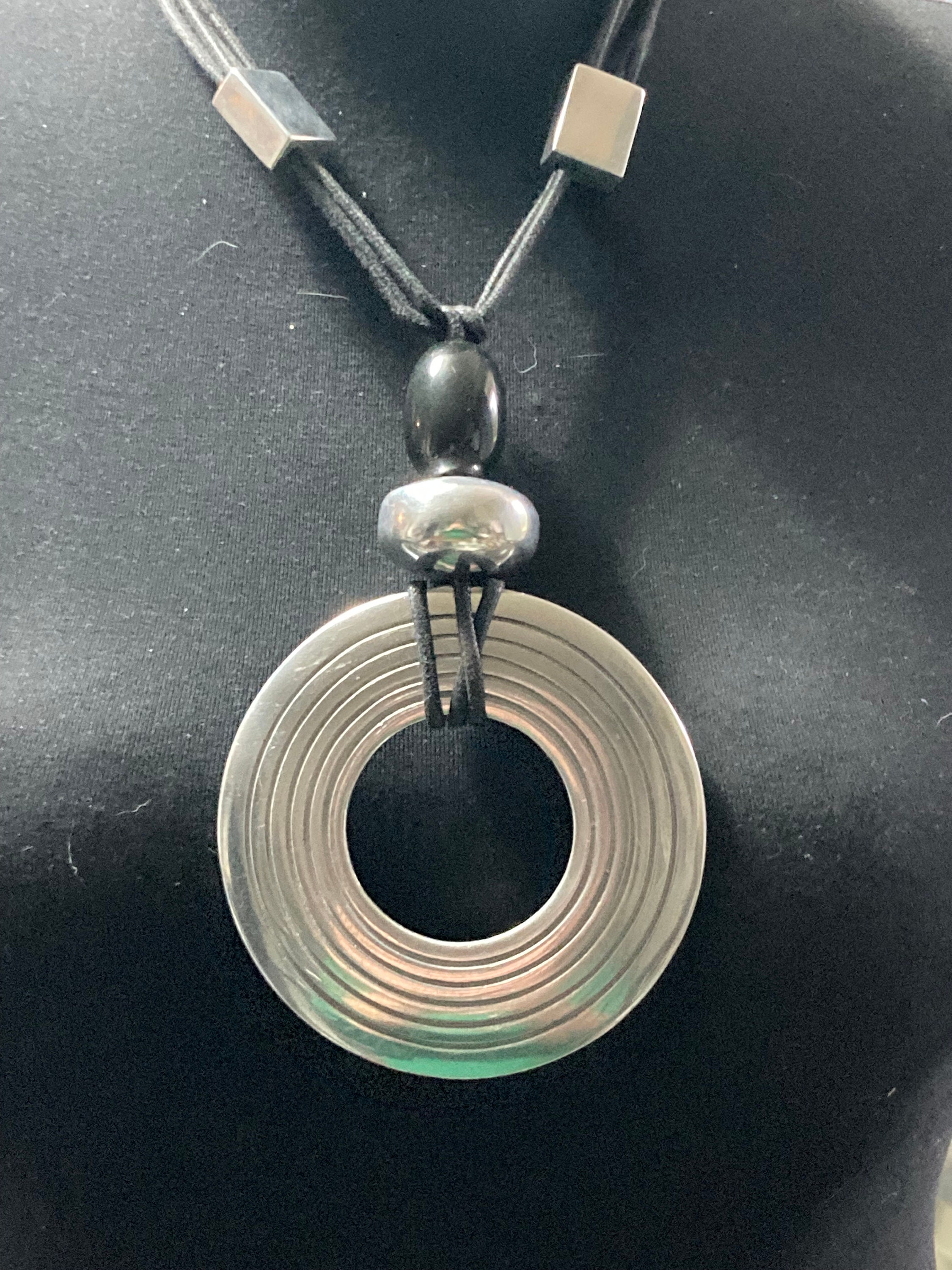 Huge Silver Metal Disc Necklace , Oversized With Black Beads Adjustable ...