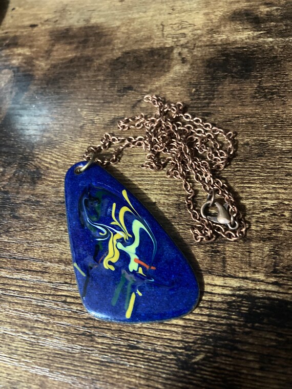 1970s original copper BLUE coloured enamel pendant on… - Gem