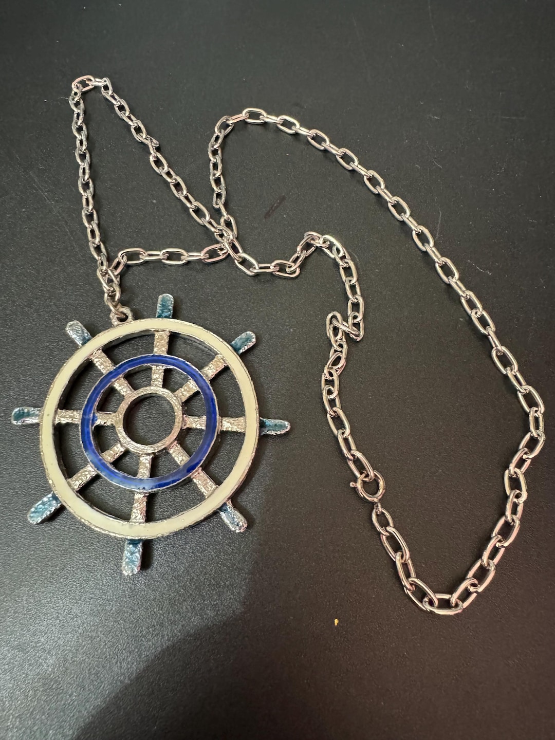 Ships Wheel Pendant Necklace: Navy Blue and Cream Medallion Vintage ...