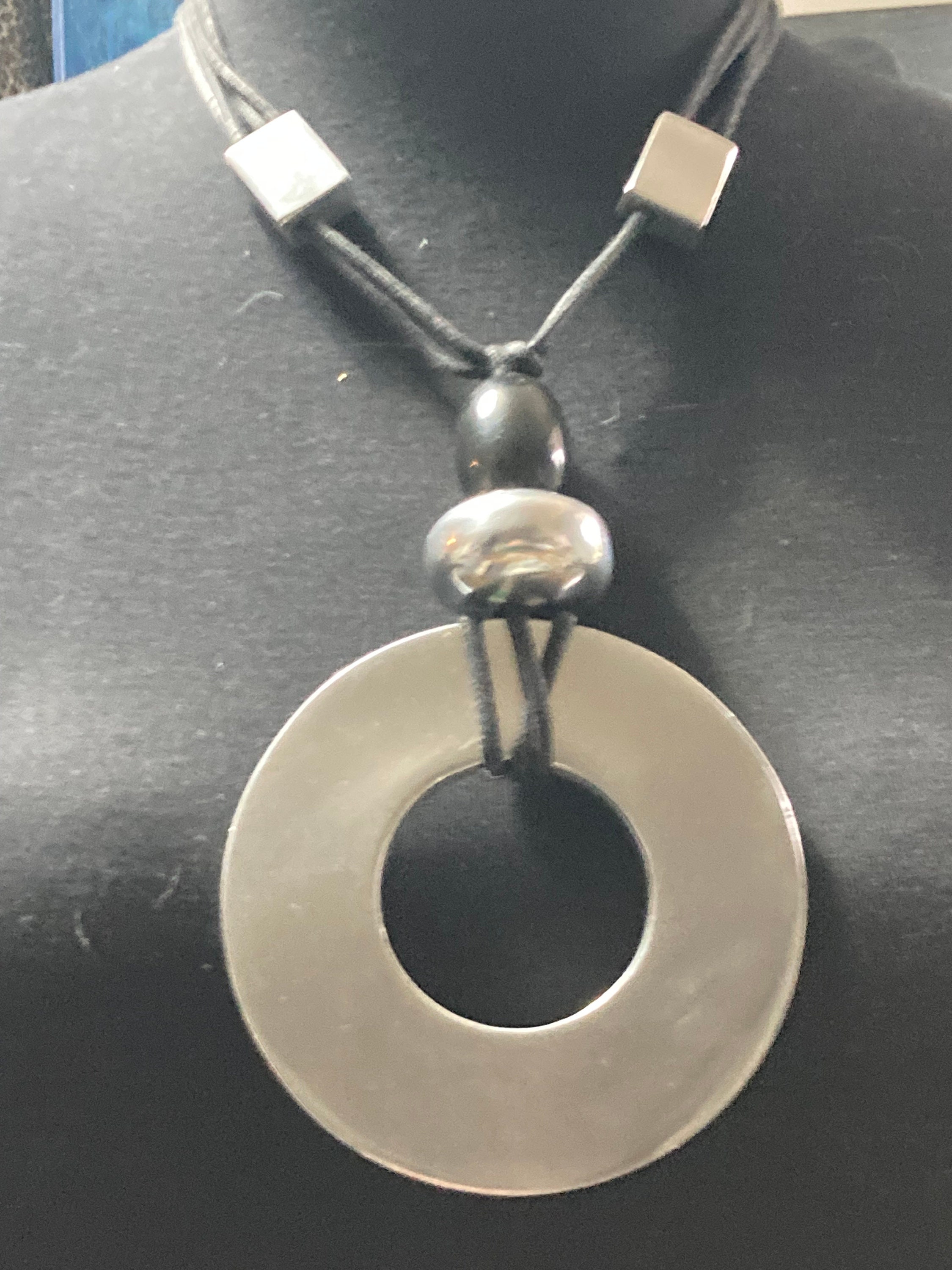 Huge Silver Metal Disc Necklace , Oversized With Black Beads Adjustable ...