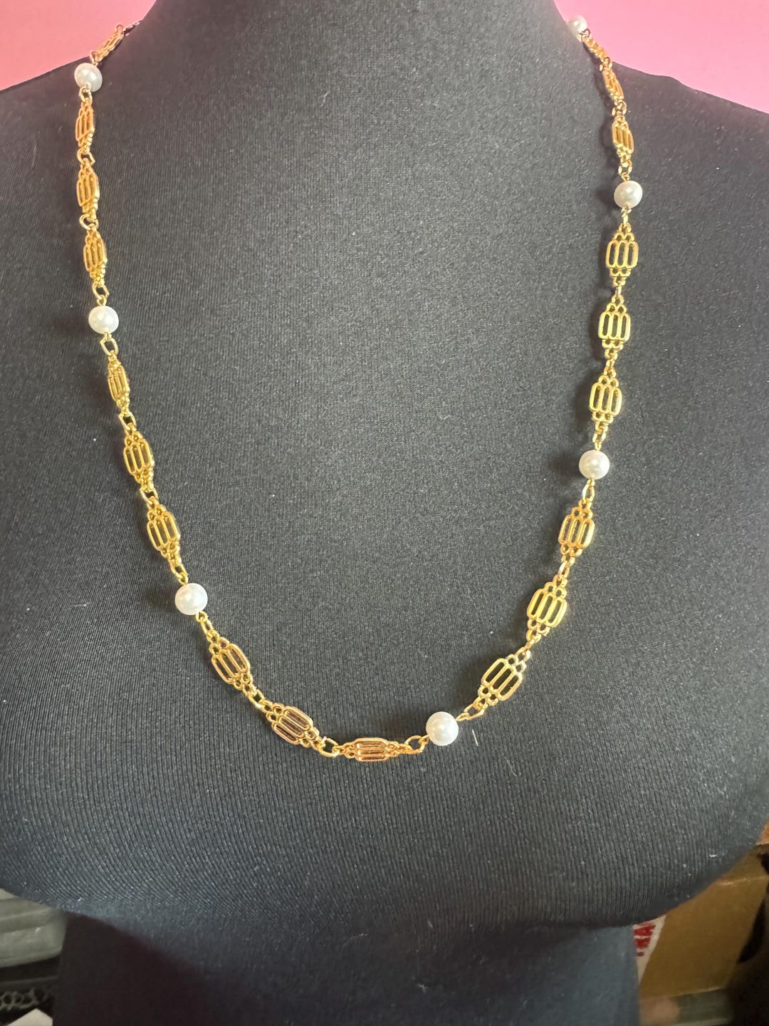 31 79cm Long 1980s Thick Gold Plated Fancy Link Faux Pearl Beaded ...