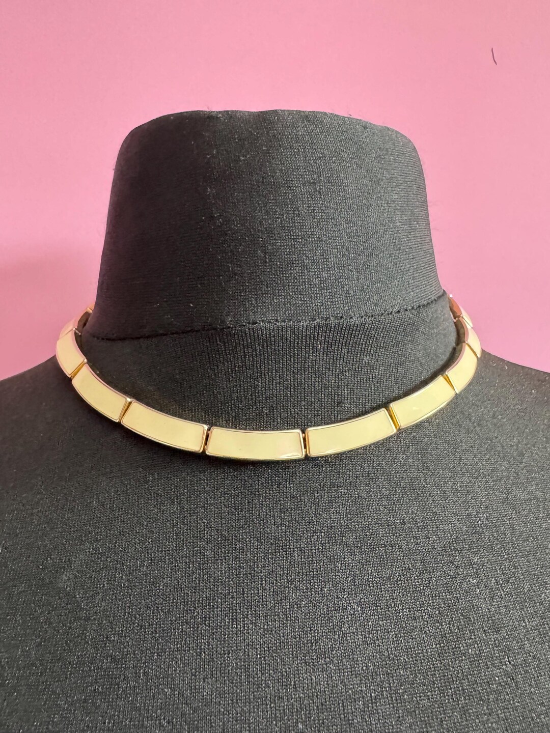 Vintage Heavy Gold Tone and Cream Enamel Panel Link Choker Necklace ...