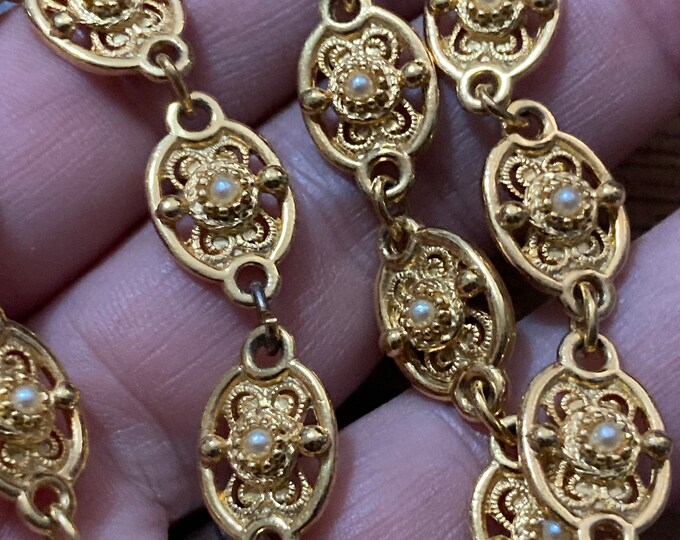 Retro 1980s Gold Tone Etruscan Style Seed Pearl Panel Link Necklace New ...