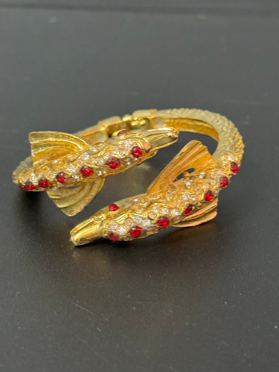 Retro Dolphin Fish Nautical Gold Tone Ruby Red and Clear Diamanté ...