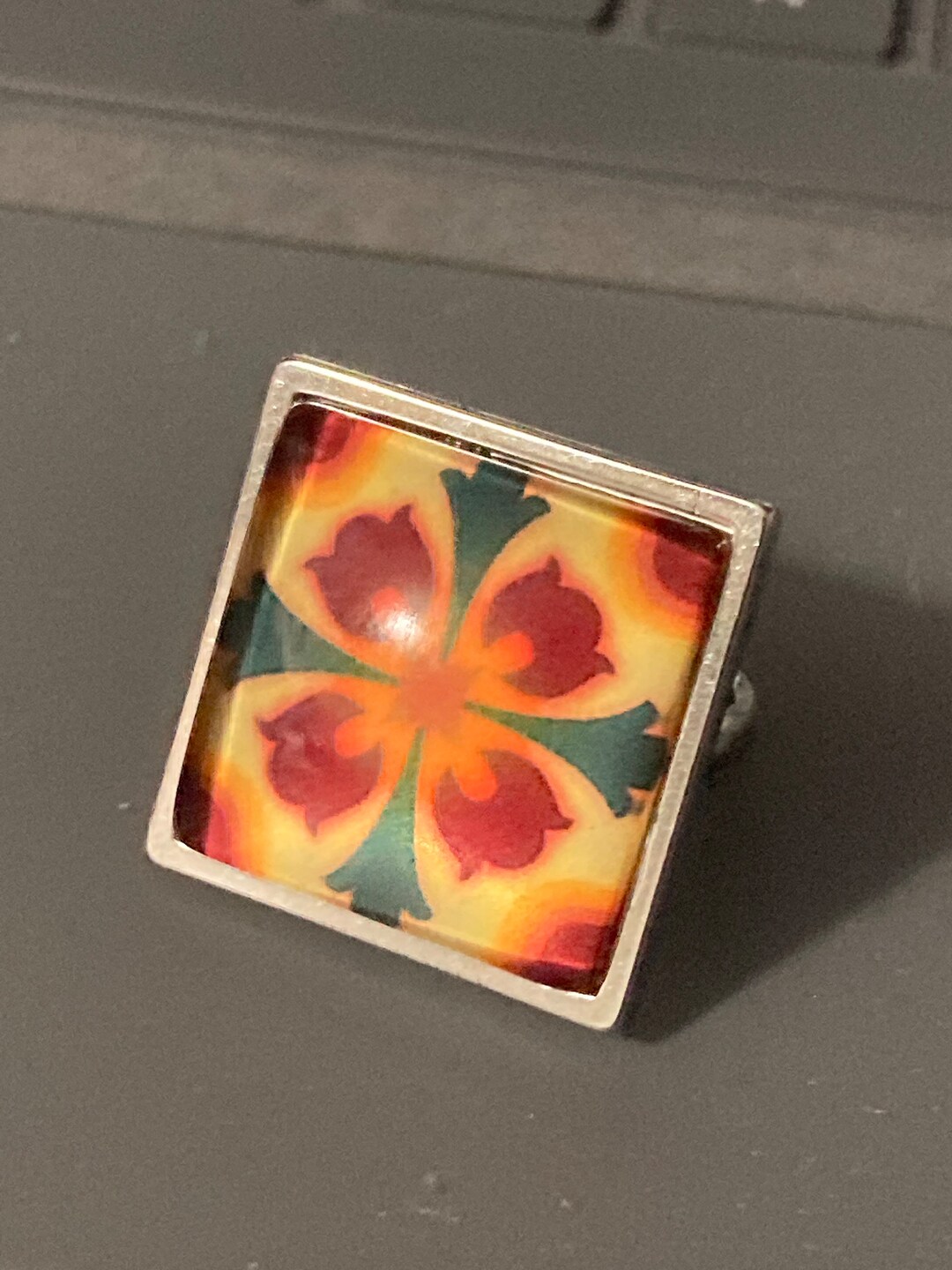Retro Style Tile Ring: Oversized Silver Tone Art Nouveau Adjustable ...