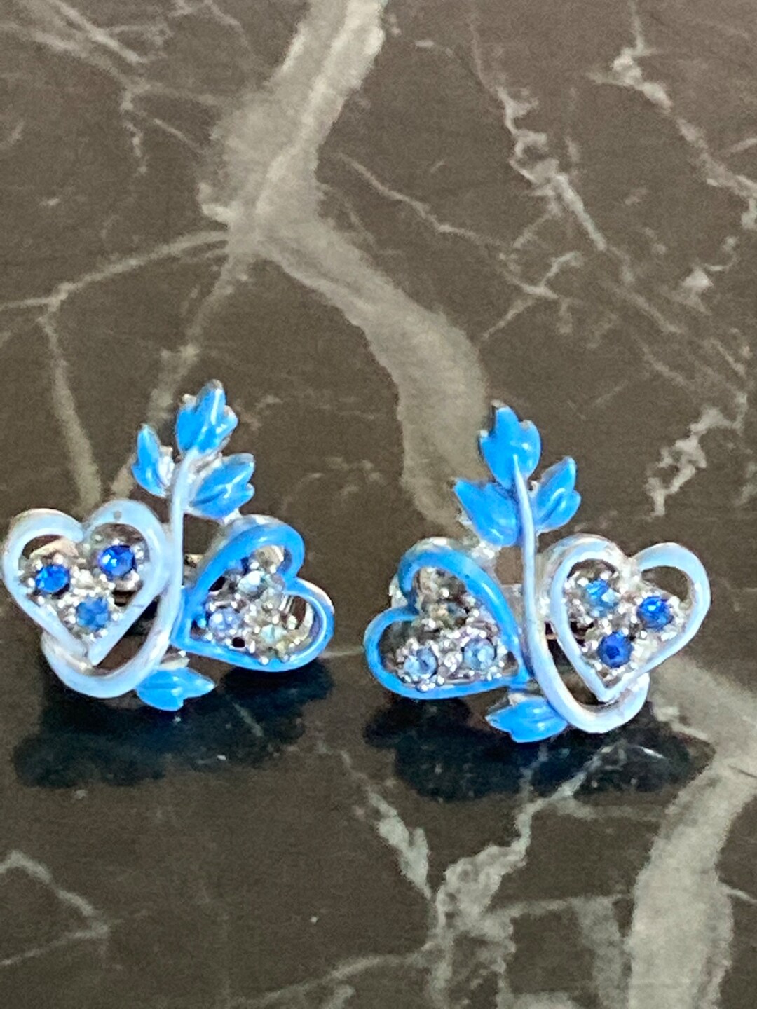 Vintage MCM Blue Enamel and Diamanté Silver Tone Clip on Love Heart ...