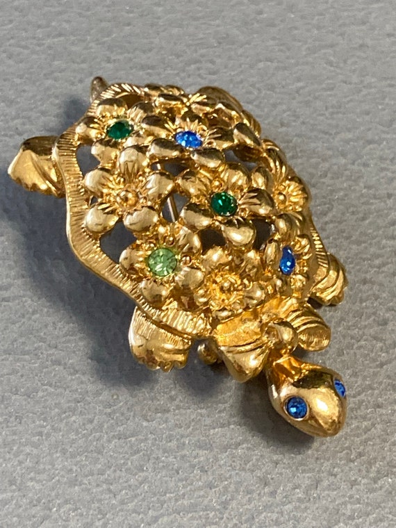 Retro gold tone turtle tortoise brooch rainbow rhinestone | Etsy