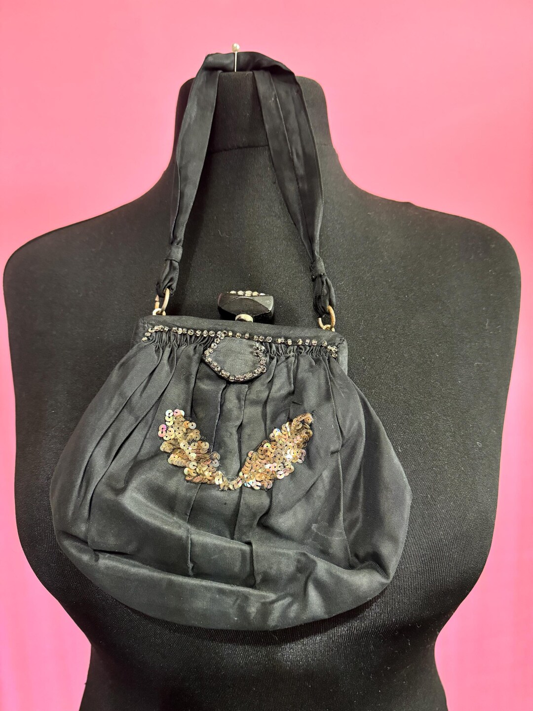 Art Deco Vintage Little Black Evening Bag Purse With Clear Diamanté ...