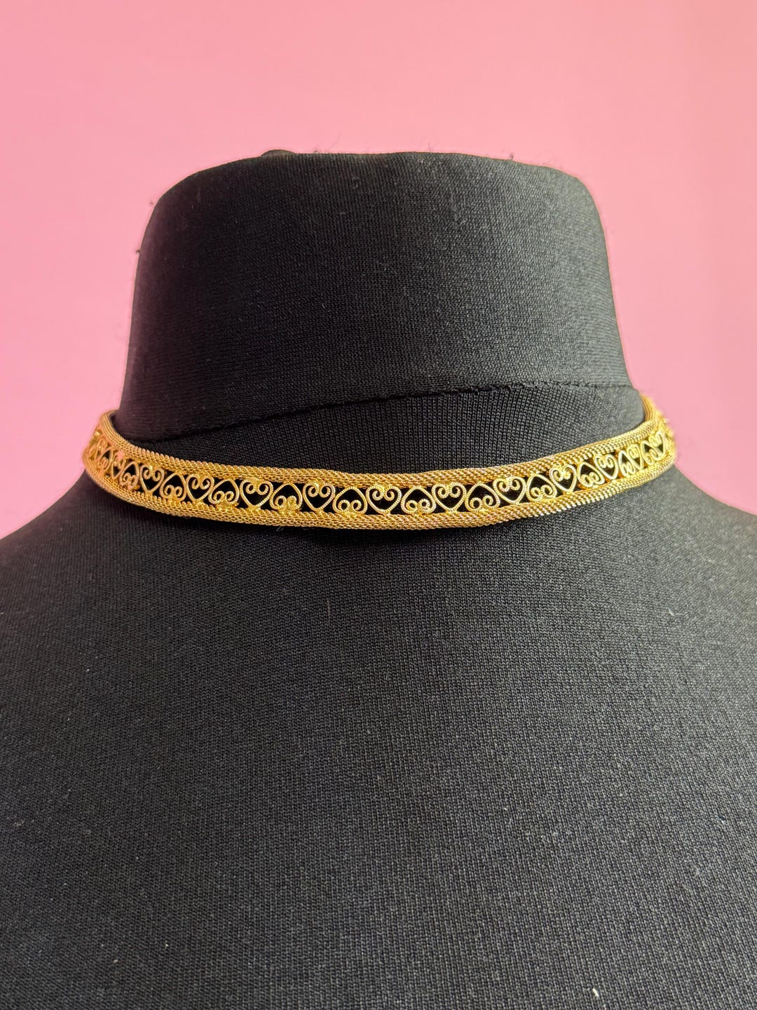 Vintage Retro Gold Tone Gilt Filigree Heart Link Mesh Chain Choker ...