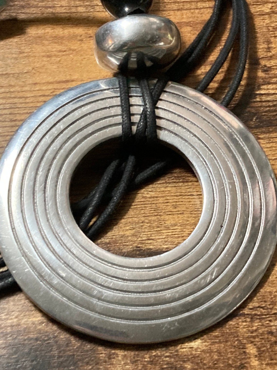 Huge Silver Metal Disc Necklace , Oversized With Black Beads Adjustable ...
