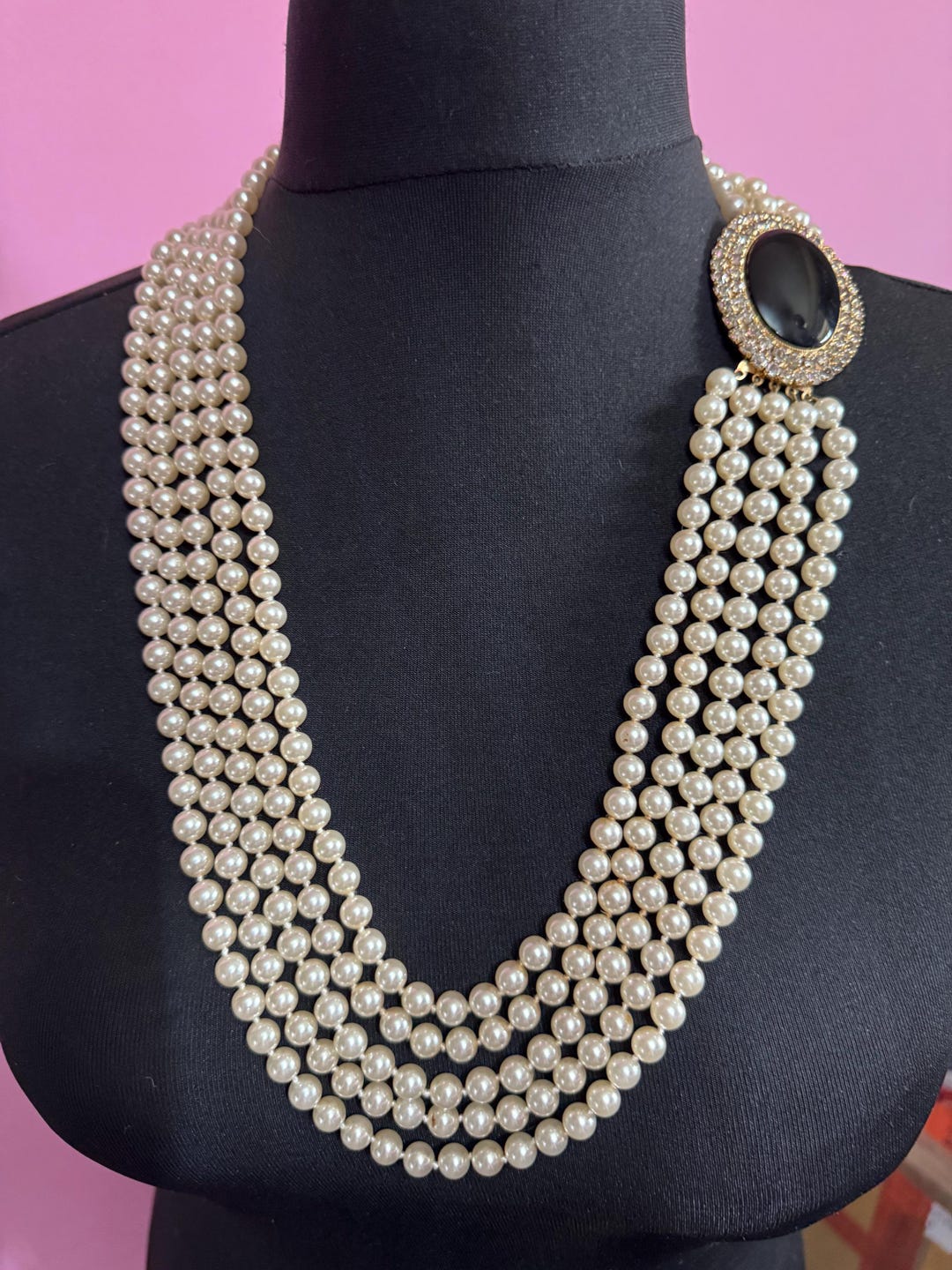 Vintage 80s Retro 5 Strand Row Faux Glass Pearl Choker Necklace With ...