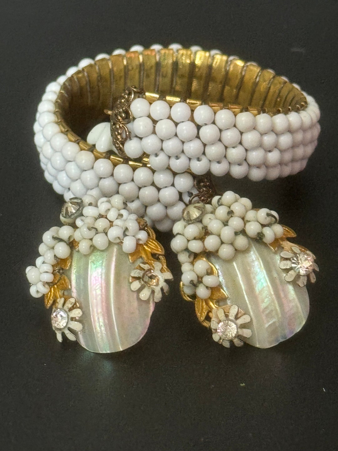 Vintage Jewellery Set White Milk Glass Filigree Beaded Signed Japan ...
