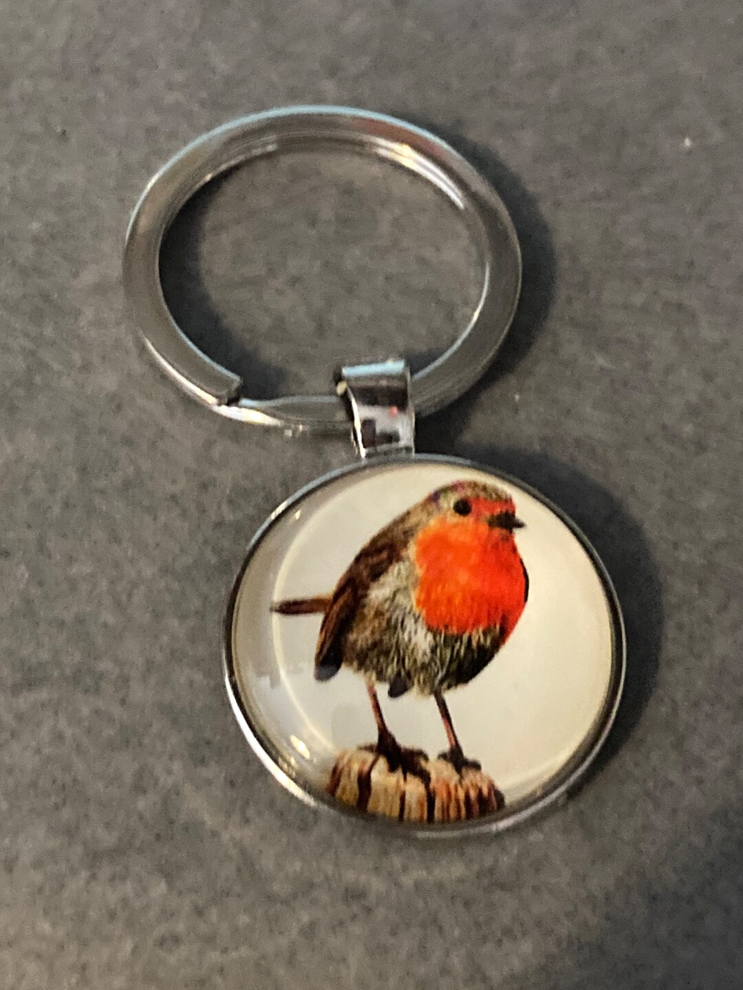 Handmade Robin Garden Bird Silver Tone Keyring With 25mm Glass Cabochon ...