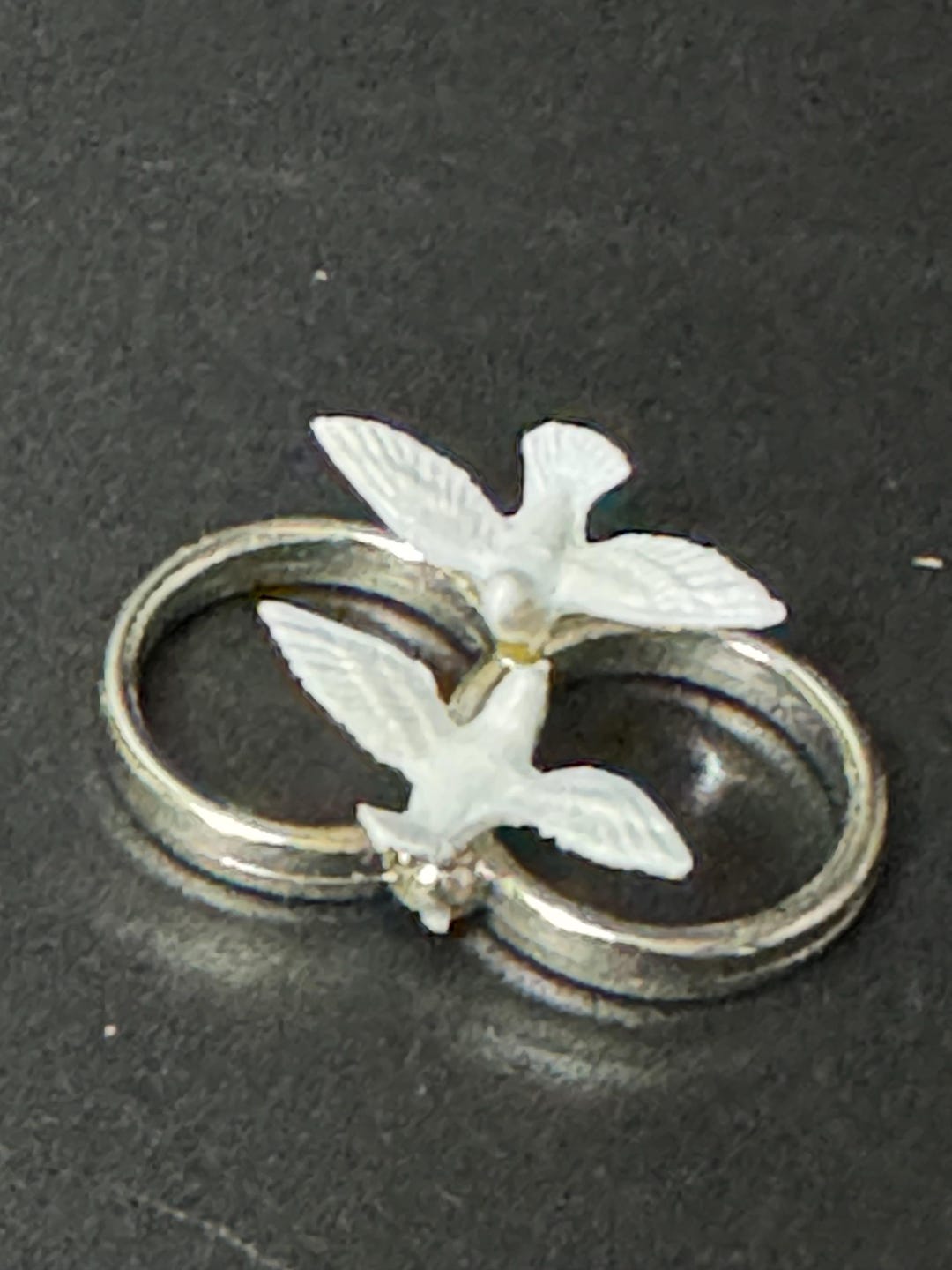 Vintage Traditional Double Silver Plastic Wedding Ring and Dove Bird ...