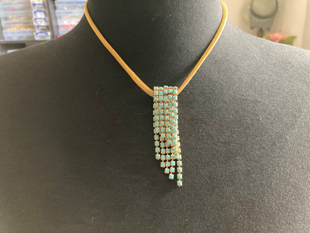 Vintage Gold Tone Mesh Lariat Drop Necklace With Turquoise Glass Paste ...