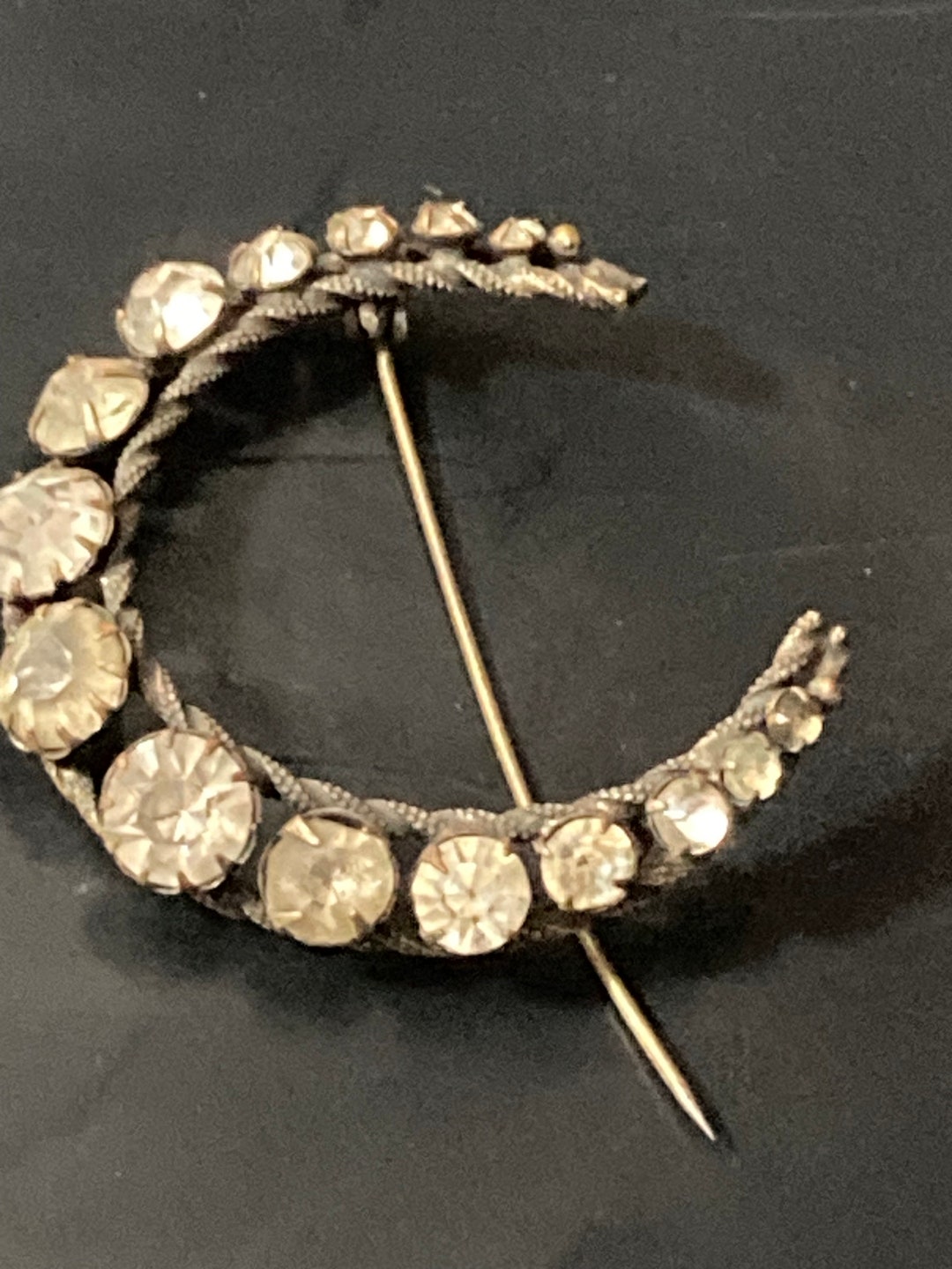 Victorian Paste Set Crescent Moon Diamanté Brooch Gold Tone Antique C ...
