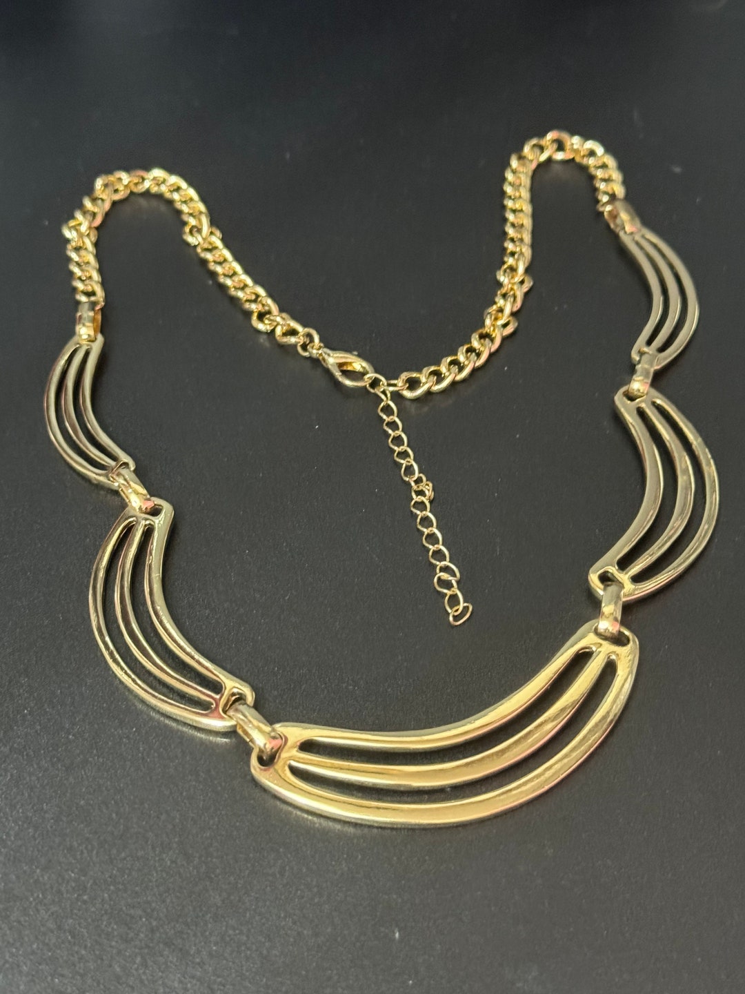 Panel Link Chain Collar Necklace , Retro Long Gold Tone Metal - Etsy