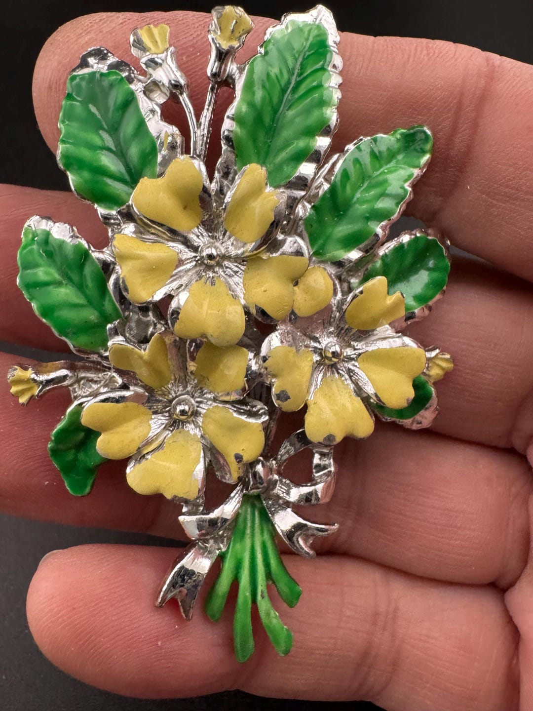 Exquisite Floral Birthday Series Brooch, Yellow Primrose Vintage Enamel ...
