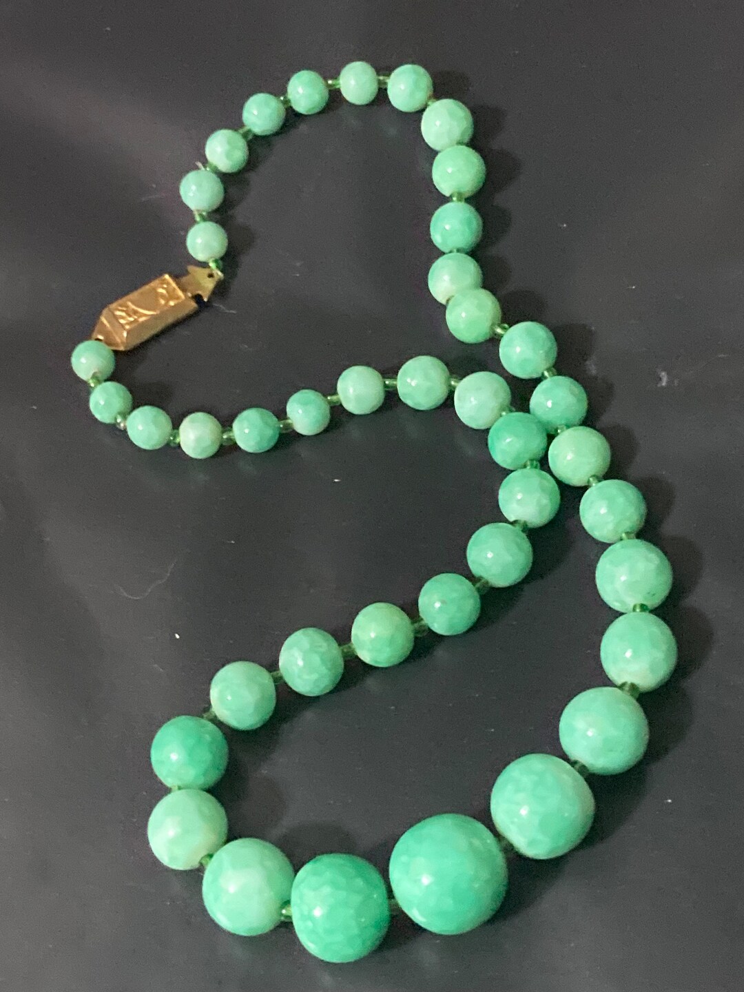 Art Deco Czech Gold Tone Metal Necklace With Green Peking Glass Ceramic ...