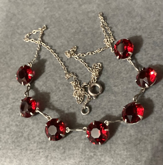 Ruby red Czech necklace Sterling silver Art Deco Open… - Gem