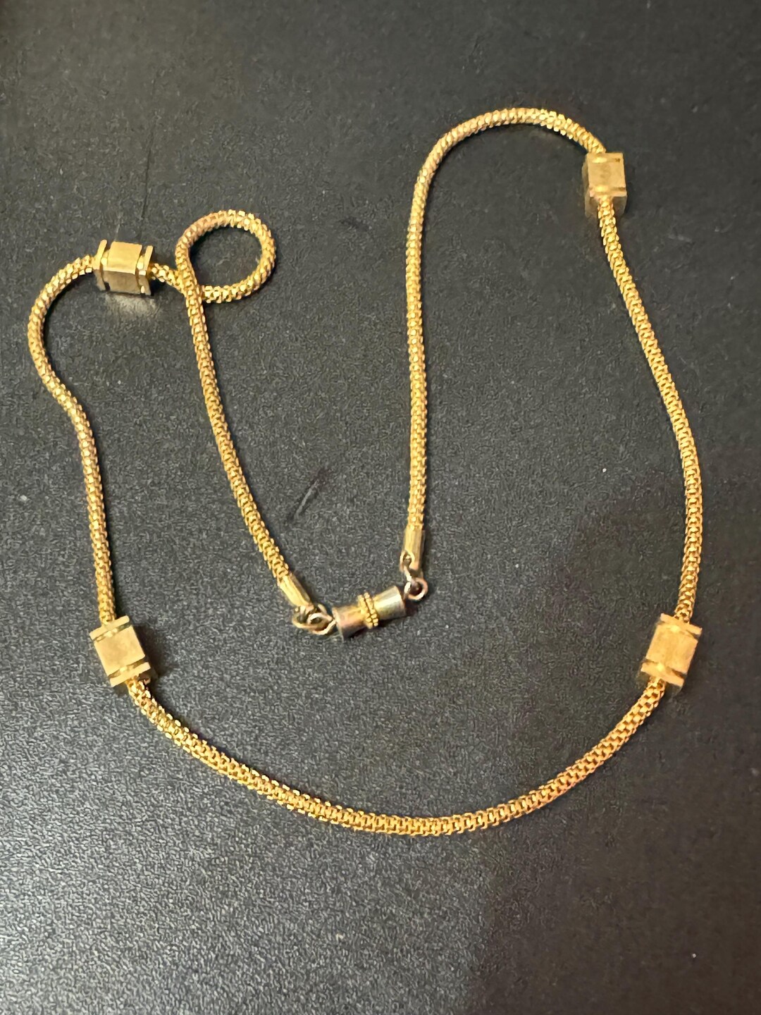 Vintage Modernist Gold Tone Snake Link Chain Necklace With Square Beads ...