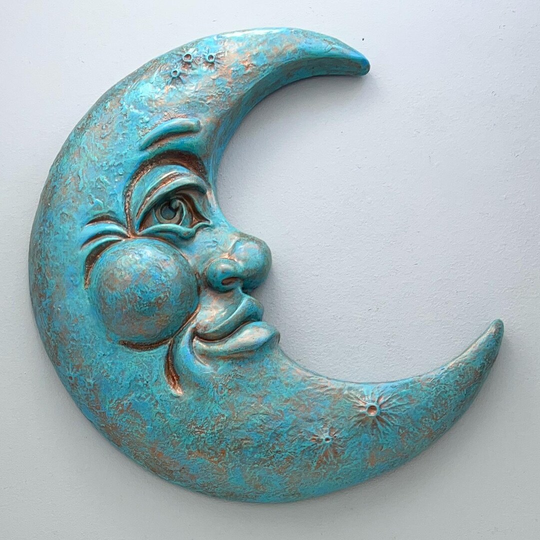 Smiling Moon Face Wall Plaque in Turquoise and Copper Colors,11 Inch ...