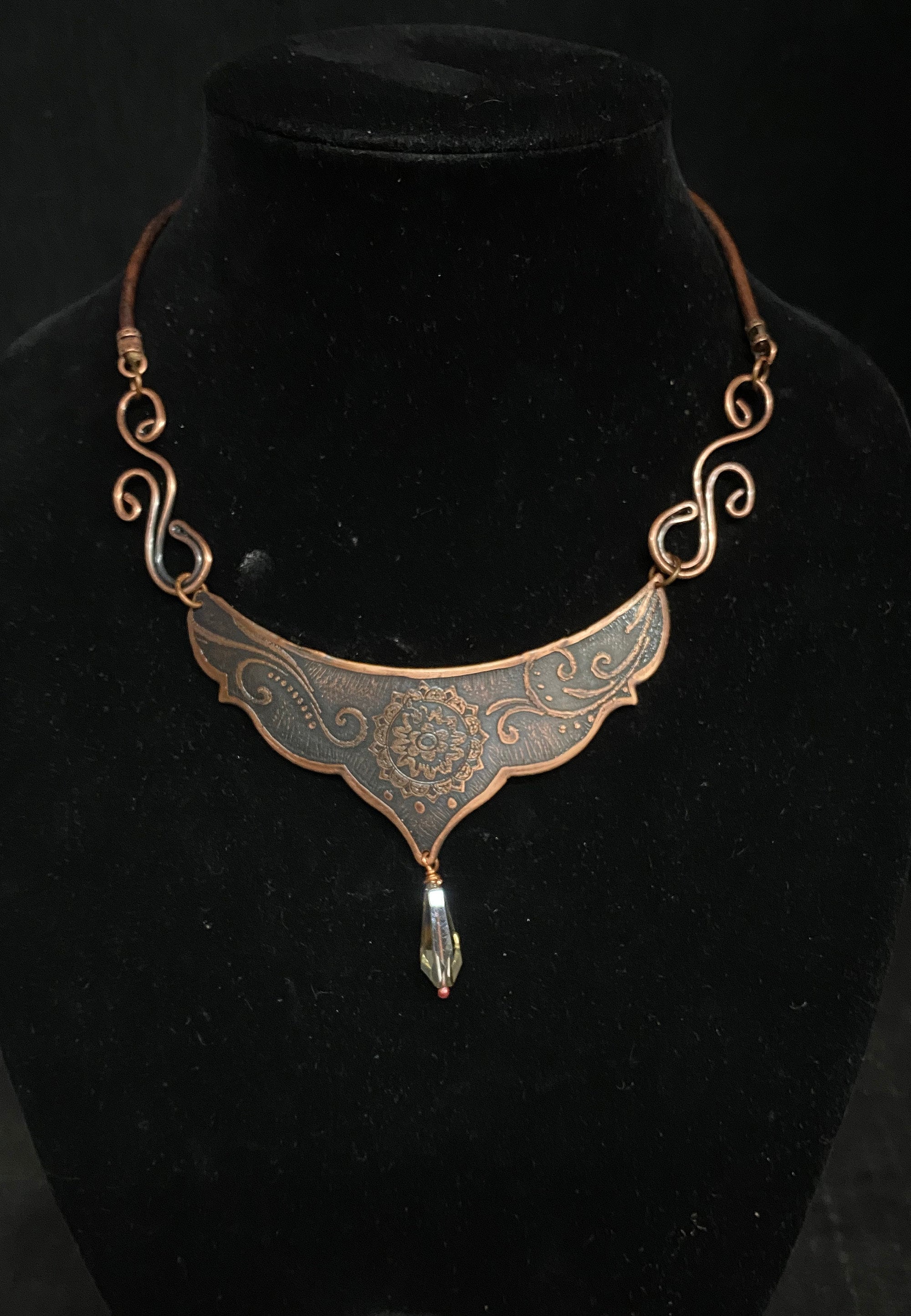 Etched Copper Pendant and Leather Necklace