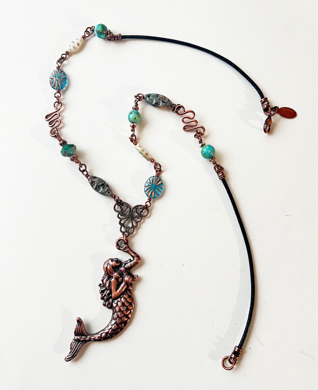 Copper Mermaid Pendant With Beads, Copper & Leather Necklace - Etsy