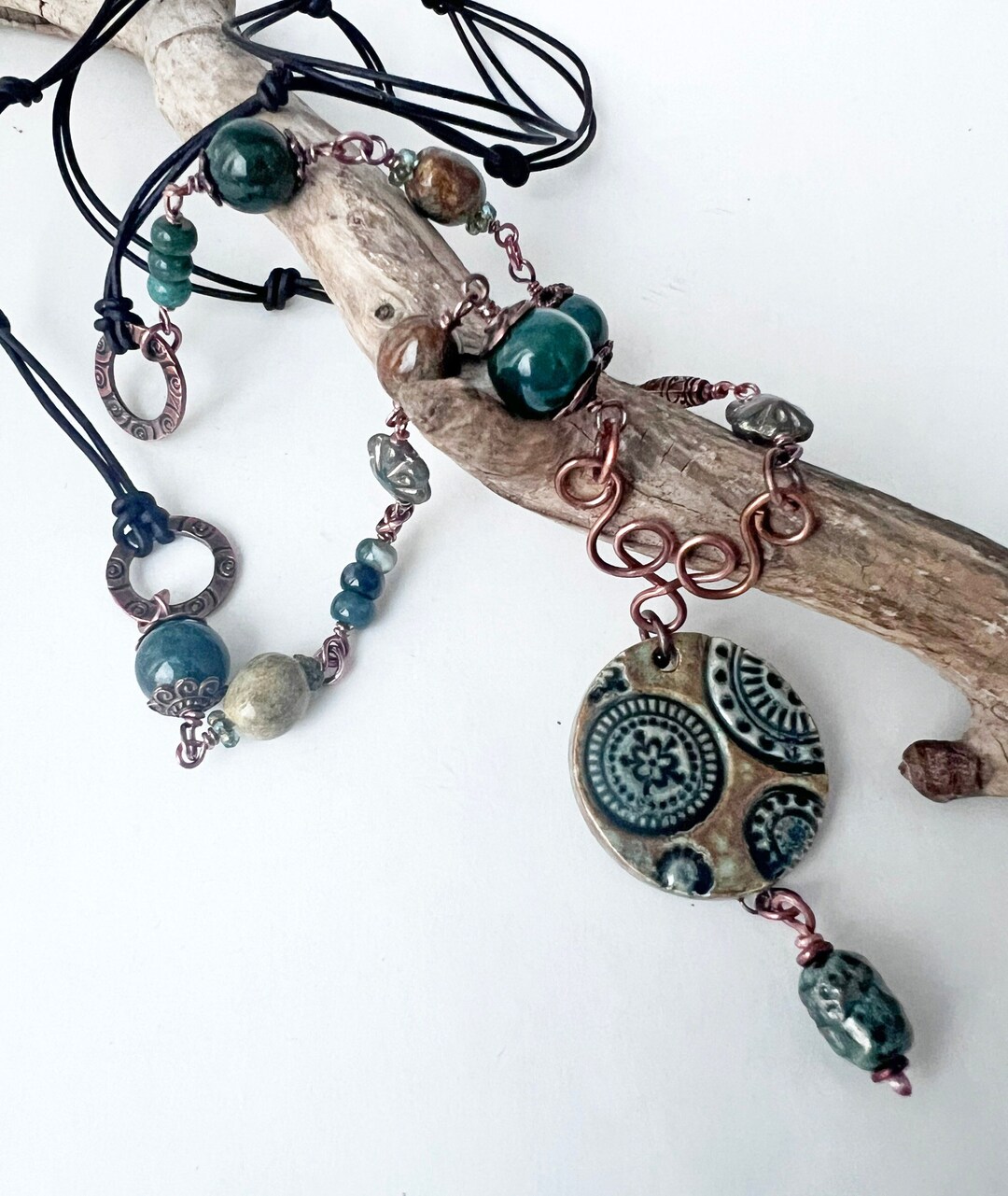 Pottery Pendant With Beaded Necklace and Leather - Etsy