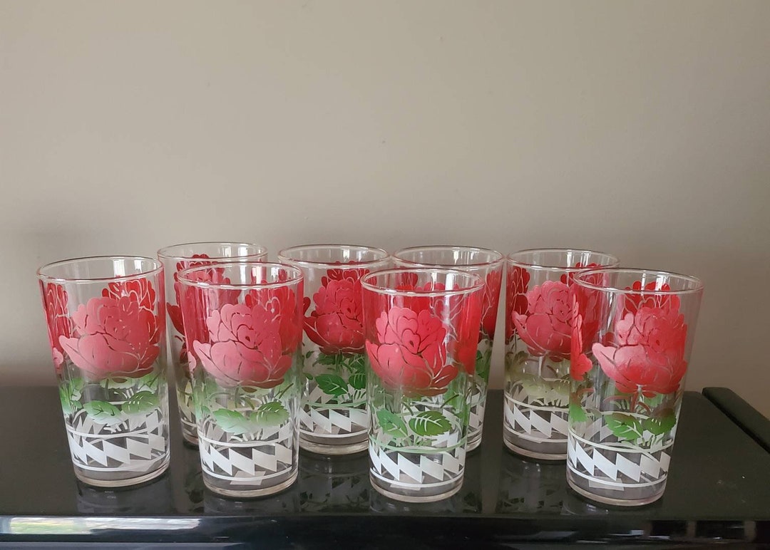 Vintage Drink Glasses- Red Roses - Etsy