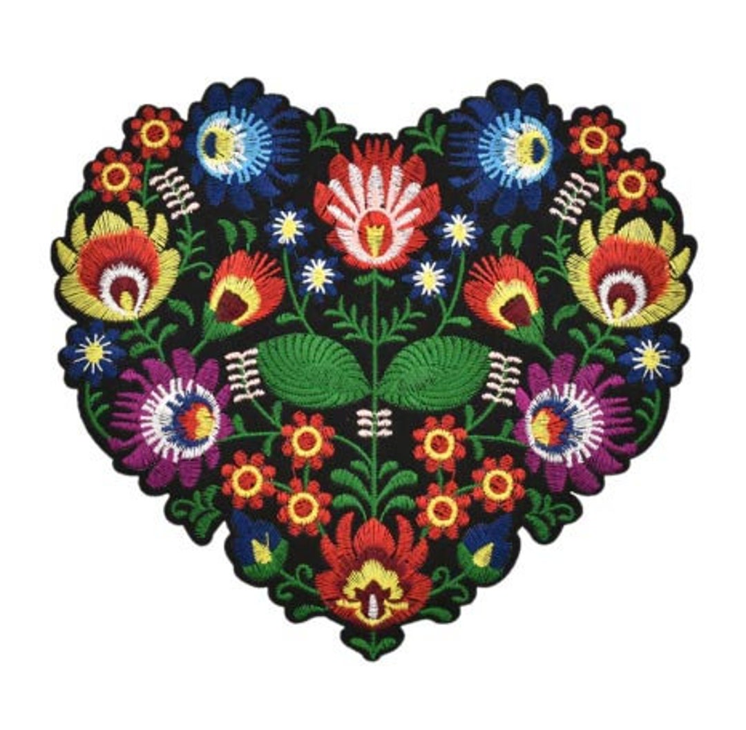 Large Folk Heart Iron-on Patch, Folk Art Heart Badge, Large Boho Badge ...