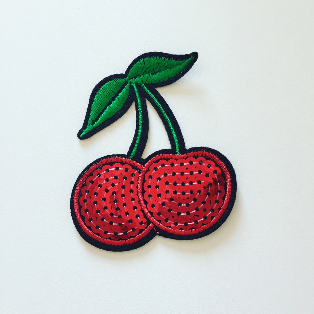 Red Cherries Sequin Iron-on Patch, Cherry Sequinned Badge, Sparkling Fruit Badge, Bling Fruity ...