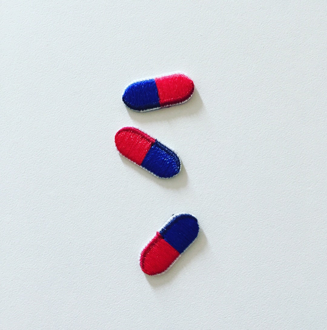 Tiny Pill Iron-on Patch: Red & Blue Embroidered Applique - Etsy